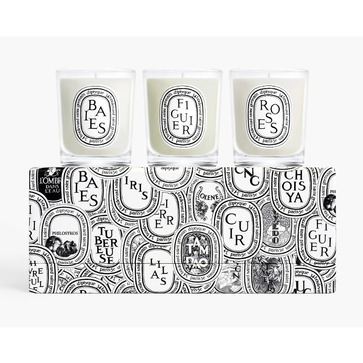 DIPTYQUE Baies Roses & Figuier Scented Candle 3 Piece Set 70 Grams Each Gift Boxed, White