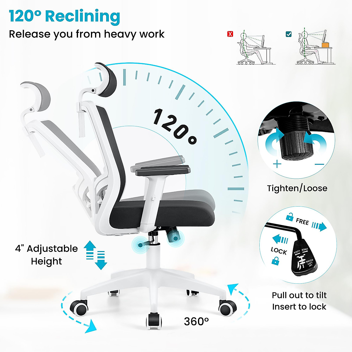 Brick Attic Office Chair Ergonomic Desk Chair High Back Computer Chair Swivel Mesh Task Chair with Adjustable Lumbar Support Armrests Headrest White