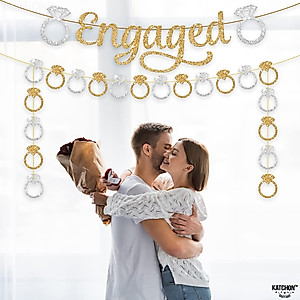 KatchOn, Pre-Strung Gold and Silver Glitter Engaged Banner - 2 String, 10 Feet, No DIY | Engagement Party Decorations | Engagement Banner for Bachelorette Party Decorations, Engagement Decorations