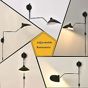 Modern Wall Sconce Plug in or Hardwired Adjustable Swing Arm Vintage Wall Lamp,Mid-Century Black Wall Lights Rotatable for Bedside Living Room,Brass and Black Finish (2 Pack) (1 Light)