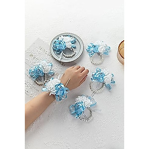 AUOTILY 6pcs/lot DIY Silk PE Rose Flowers Wedding Bride Wrist Corsage Women Girls Hand Flower Groom Boutonnieres Man Suit Party Decor (Light Blue)