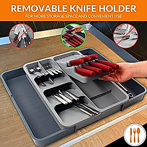 VILIA Expandable Kitchen Drawer Organizer with Knife Holder, Utensil Holder - Adjustable Cutlery Silverware Tray for Drawer, Kitchen Organization, Large Durable Utensil Organizer, Kitchen Storage