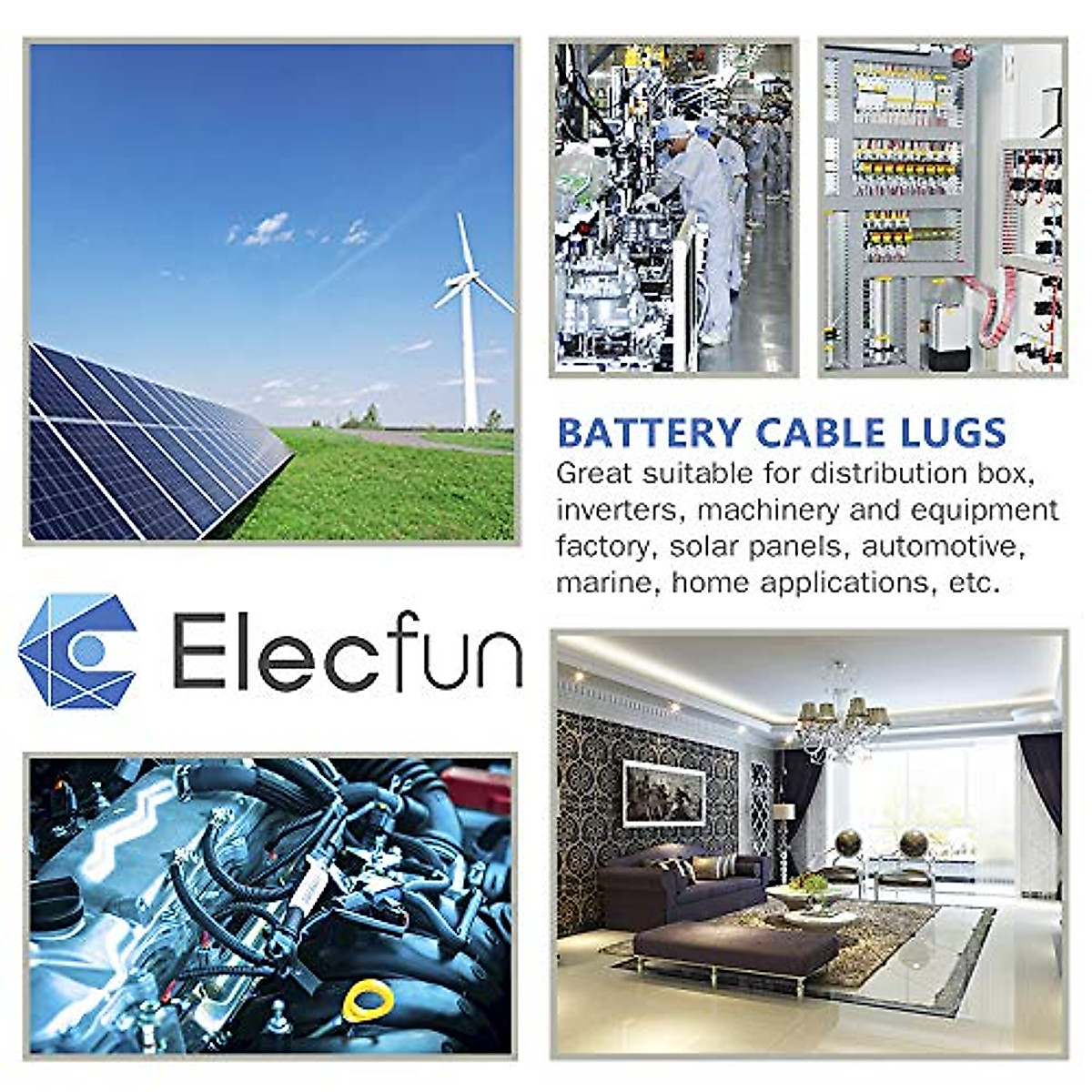 ELECFUN 10pcs 6AWG 3/8" Stud Heavy Duty Cable Lugs with Spy Hole Battery Cable Tinned Copper Ring Terminal Connectors TK16-10