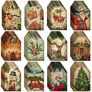 60 Pcs Vintage Christmas Tags for Gifts Merry Christmas Labels with String Holiday Presents Tags for Xmas Gift Tags with Ribbon for Home Decor Gift Wrapping Holiday Presents Package