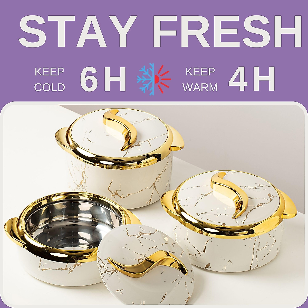 Hywisnok Luxury 3-Piece 2.6/2.1/1.6qt Thermal Casserole Dish Set with Lids, Insulated Stainless Steel Container for Hot & Cold Food, Serving Bowl for Buffets/Parties-Marble White