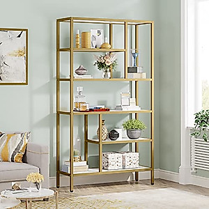 Tribesigns 6-Tier Tall Bookshelf Bookcase, Modern White and Gold Open Bookcase Storage Display Book Shelves for Living Room, Home Office