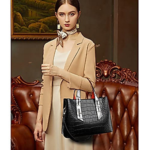 JESSWOKO Womens Black Snakeskin Texture Totes Handbag Purse Fashion Business Top Handle Bag Crossbody Shoulder Bags for Women JT031