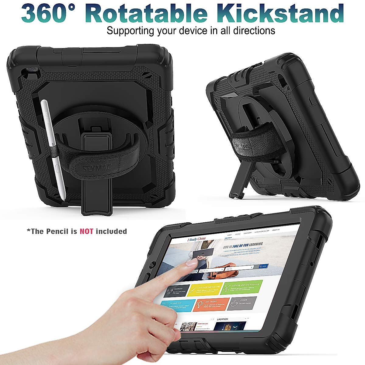 SEYMAC stock Case for Samsung Galaxy Tab A 8.0'' 2019 (SM-T290/295/297) - Black, Solid Pattern, Screen Protector, Drop-Proof, Polycarbonate Material