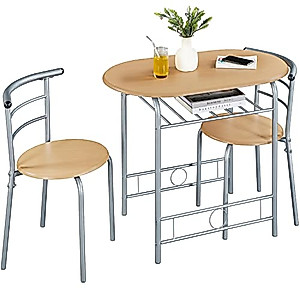 Yaheetech 3 Piece Round Dining Table Set Kitchen Breakfast Table Set for 2 Dining Table with 2 Chairs Space Saving Table Set w/Metal Frame, Wine Rack for Small Space/Dining Room/Apartment, Natural