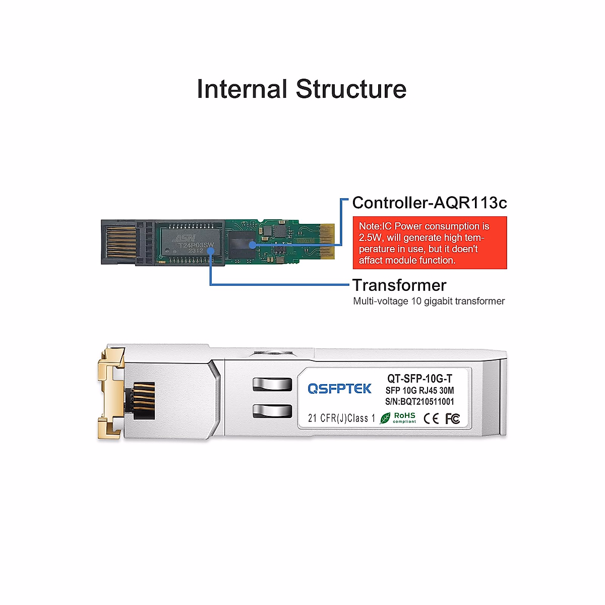 QSFPTEK 10G SFP+ RJ45 Module, 10Gbe giga Mini-GBIC SFP to rj45 Copper Transceiver, 10GBASE-T Optical to Ethernet for Ubiquiti UF-RJ45-10G, Net Gear AXM765,Supermicro, Unifi, up to 30m