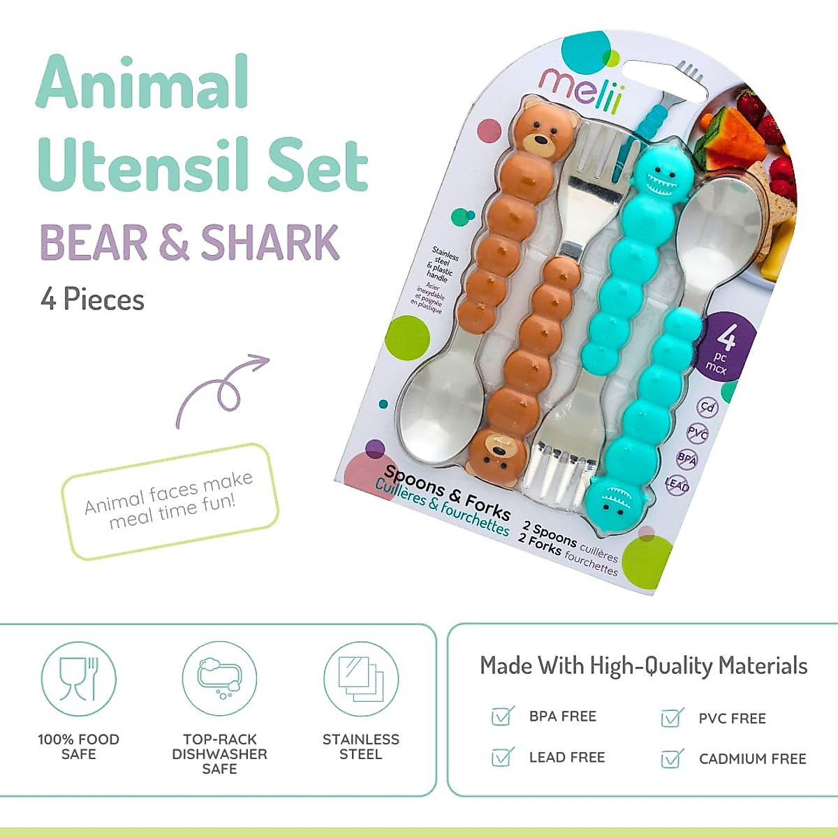 melii Toddler and Kid Feeding Spoon & Fork Set, Stainless Steel – Bulldog, Cat, Shark, Bear– BPA Free, Dishwasher safe (Bear & Shark 4pc)