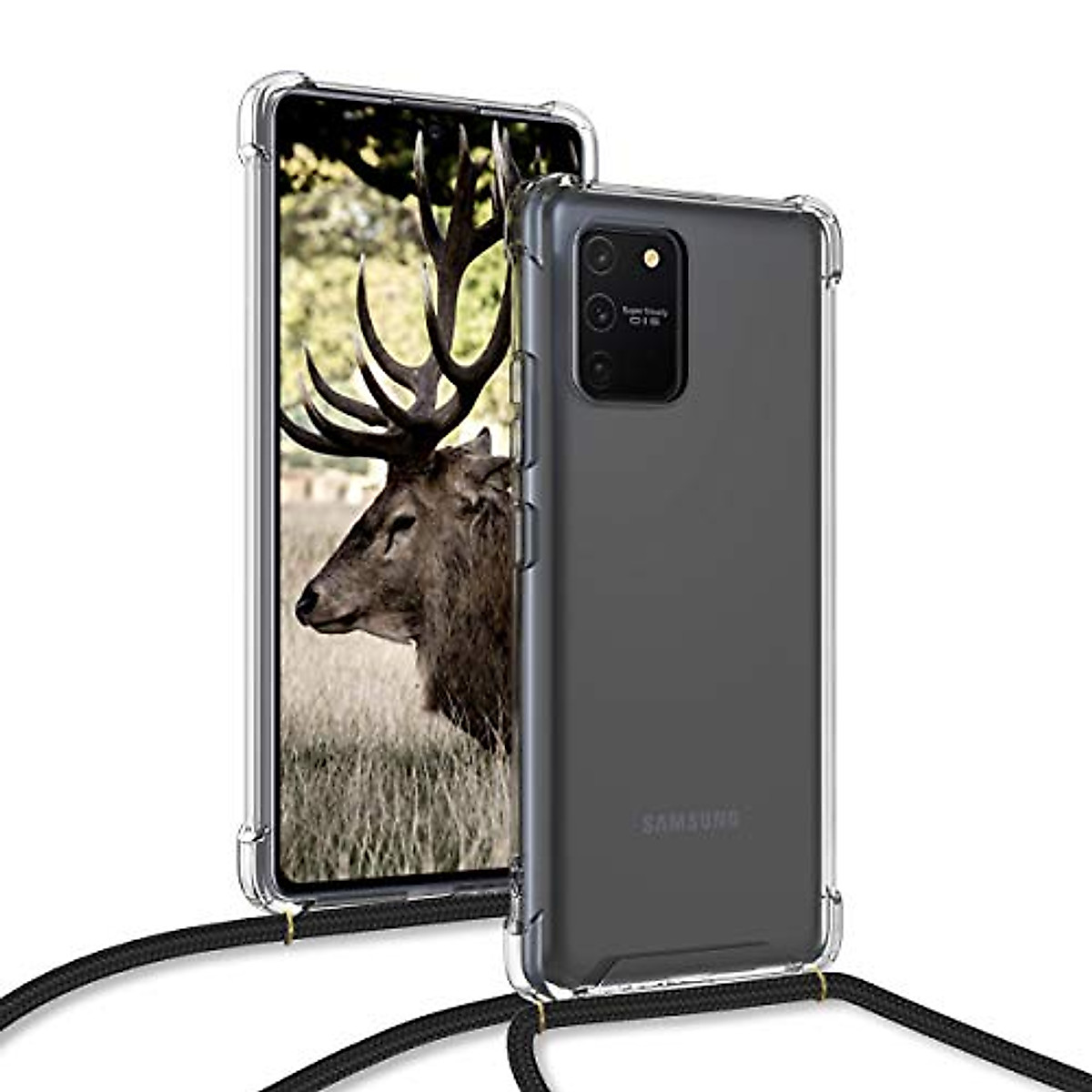 kwmobile Crossbody Case Compatible with Samsung Galaxy S10 Lite Case - Clear TPU Phone Cover w/Lanyard Cord Strap - Black/Transparent