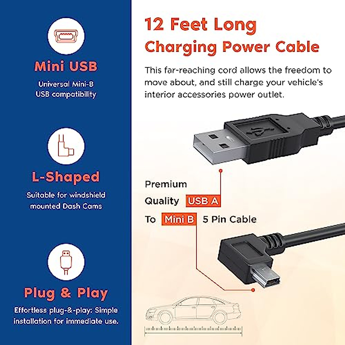 ROVE Ultimate 12ft Mini USB Car Charging Power Cable for R2-4K Dash Cam | with Mini-USB Port Only | Check Compatibility Image Before Purchasing