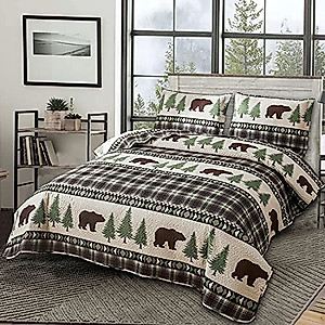 Quilt Set Queen Size Rustic Bedding Lodge Bed Quilts Queen Plaid Quilt Bed Spread Country Cabin Brown Bear Queen Quilt Bedding Lightweight Reversible Quilts Home Bedspread Coverlet with 2 Pillow Shams