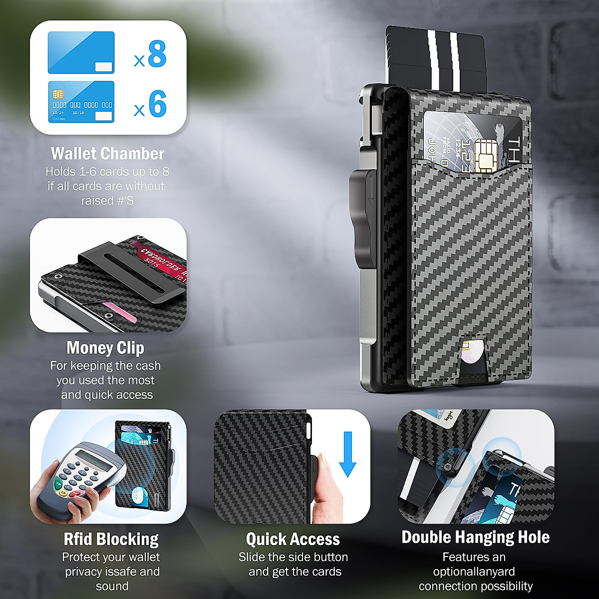 umoven Wallet for Men - Slim Leather RFID Blocking Bifold Minimalist Wallet with Metal Pop-Up Card Holder, Money Clip, Credit Card Slots - Men's Wallet, Carbon Fiber