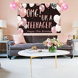 13th Birthday Backdrop Banner, OMG UR a Teenager 13th Birthday Photography Background Black and Rose Gold, 13 Year Old Girls Birthday Party Backdrop Poster Fabric 5x4ft