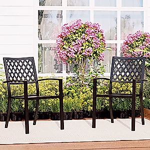 MFSTUDIO Black Metal Patio Stacking Chairs Wave Back Indoor Outdoor Dining Set Wrought Iron Chair with Arm, Set of 6