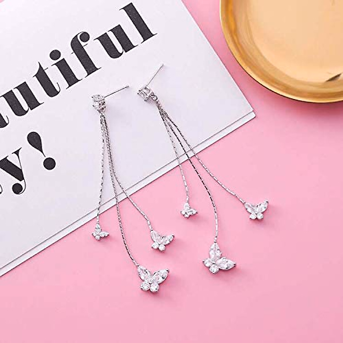 Zircon Butterfly Tassel Earrings for Women Long Colours Crystal Imitation Pearl Dangle Earrings Rhinestone Butterfly Drop Earrings (Silver)