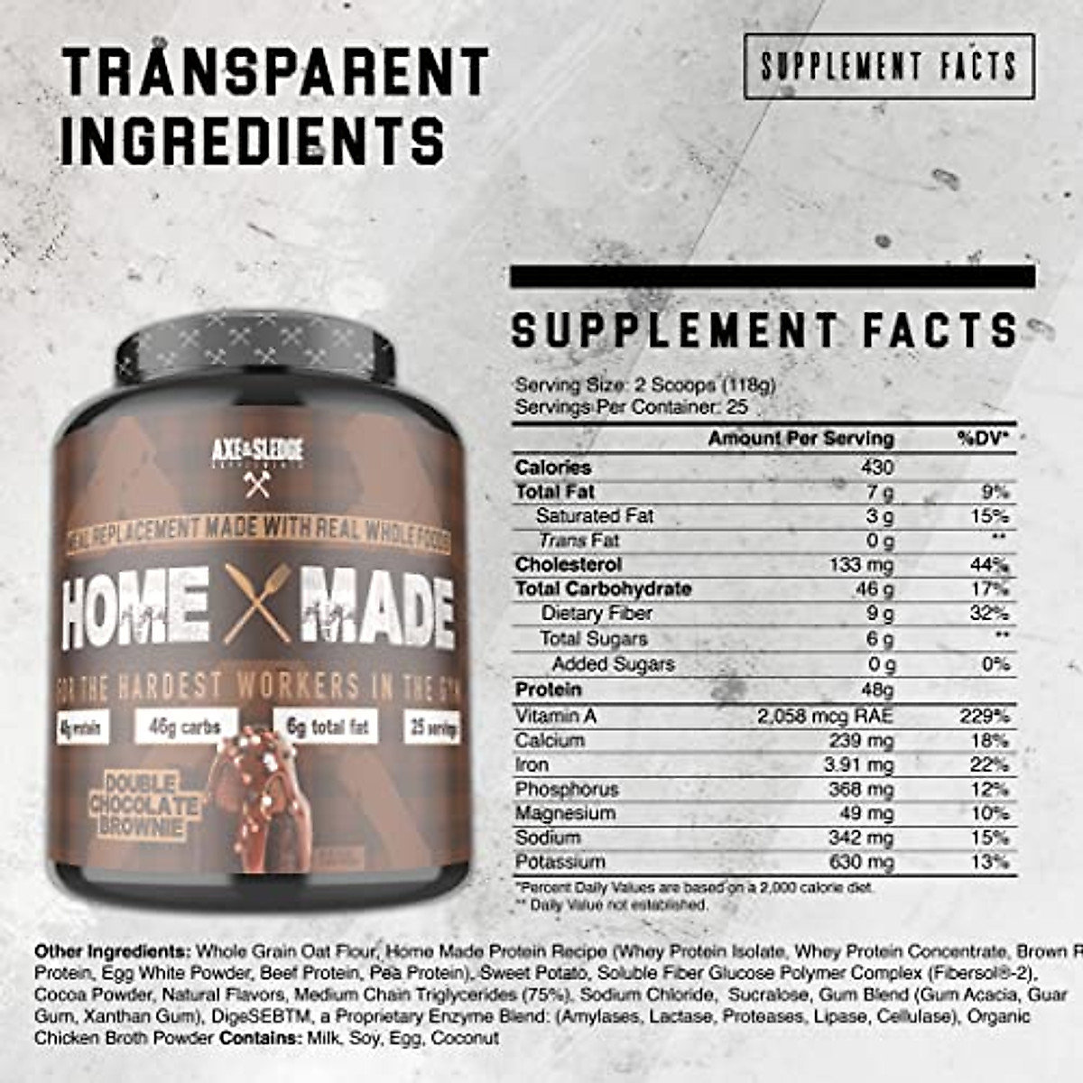Axe & Sledge Supplements Home Made Whole-Foods-Based Meal Replacement Powder with Digestive Enzymes, Protein, Carbohydrates, and Fats, 25 Servings, Chocolate Brownie