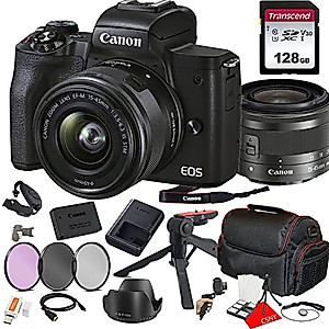 Canon EOS M50 Mark II 24MP Mirrorless Camera with 15-45mm Lens + 128GB Memory + Case + Filters + Tripod + 3 Piece Filter Kit + More (24pc Bundle) (Renewed)