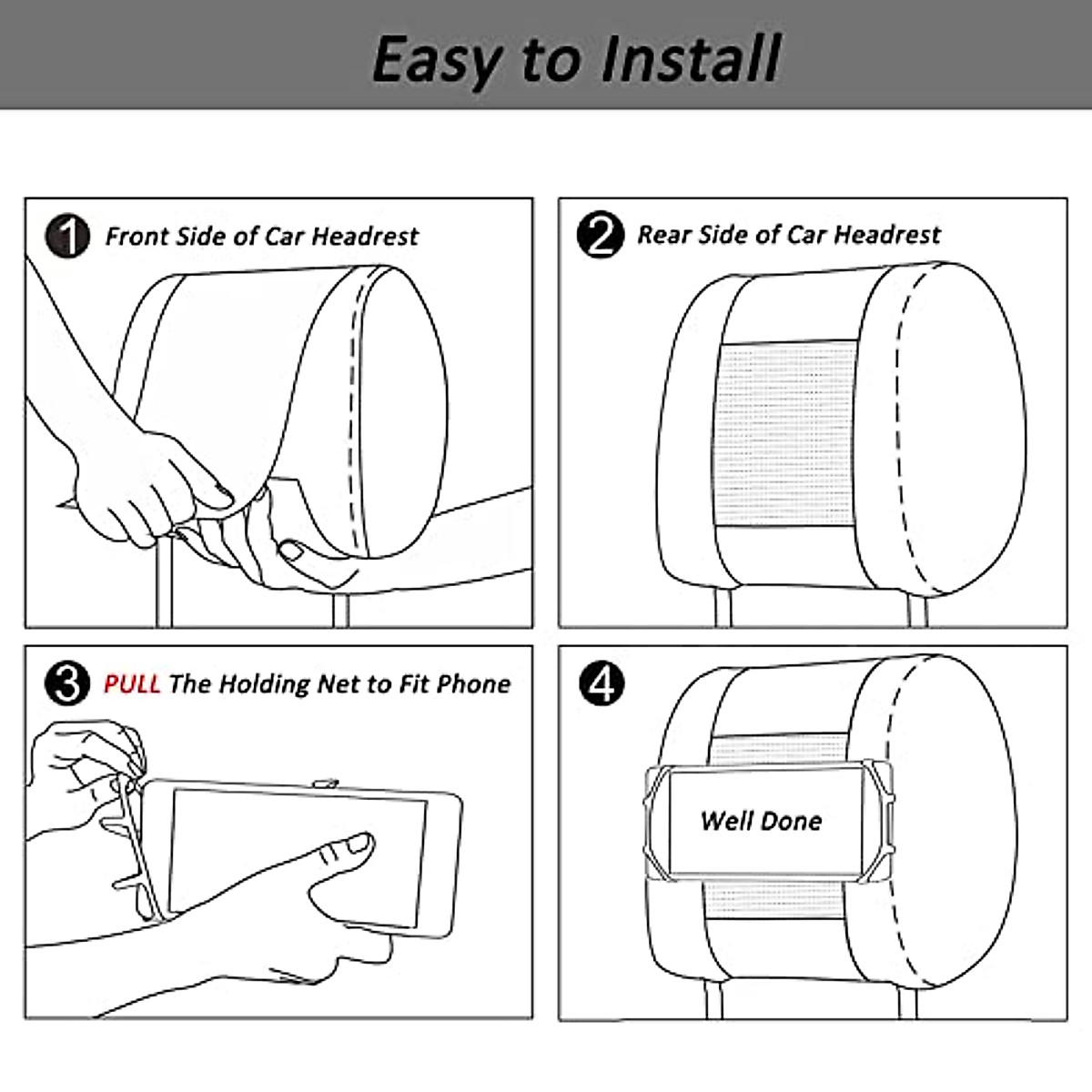 HTLAKIKJ Phone Mount for Car Headrest Fits All 3.5-7 Inch Cell Phone and Devices Silicone Car Phone Holder Mount for Kids in Back Seats - Black