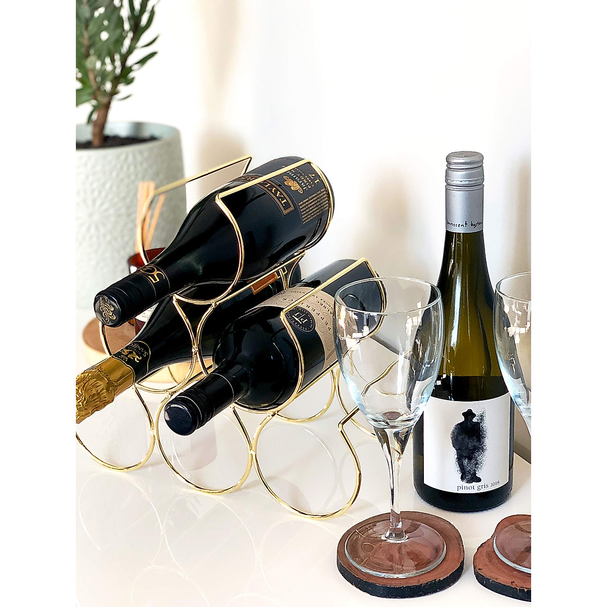 Gold Wine Rack - Wire Wine Rack - Bar Cart Decor - Bar Cart Accessories - Wine Racks Countertop - Gold Kitchen Accessories - Table Top Wine Rack - Freestanding Wine Rack - Modern Century Wine Rack