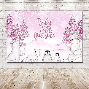 MEHOFOND 7x5ft Winter Baby Shower Backdrop Baby It's Cold Outside Background Pink Watercolor Artic Animals Penguin Baby Shower Party Banner Decorations Photo Booth Props