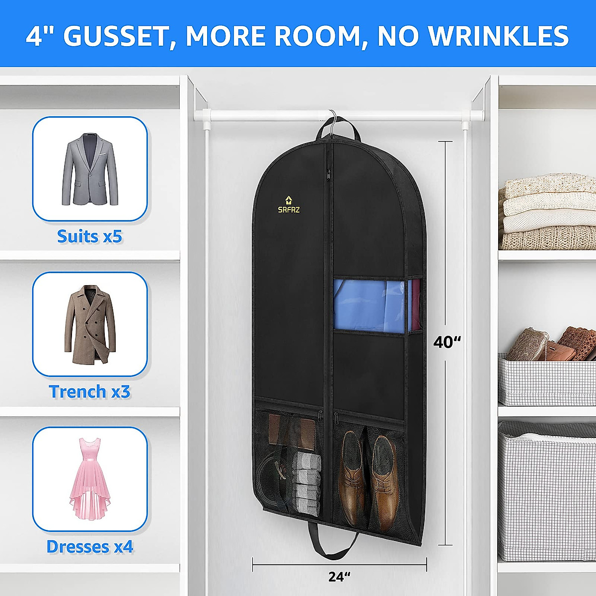 SRFRZ 43" Heavy Duty Garment Bags Suit Bags for Travel Hanging Clothes, 4" Gussetes with Pockets and 2 Handles, Protector for Coat Dress Jacket Shirts