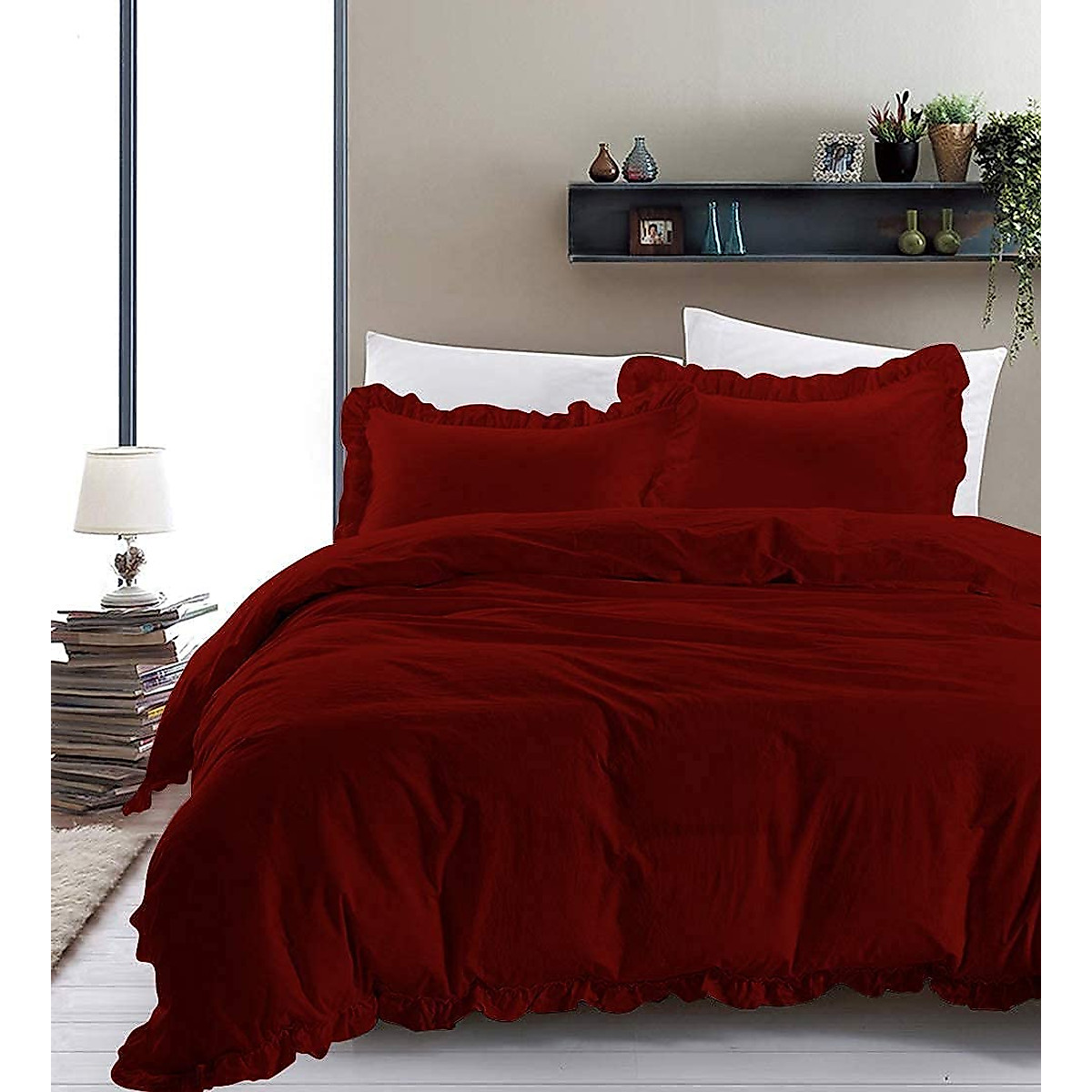 Xtream Fabric 1 Piece Frilled Duvet Cover Corner Edge Ruffle Comforter Cover & 4 Pillowcase, 5 PCs Frilled Duvet Set Cotton 800 TC Full/Queen Size, Burgundy