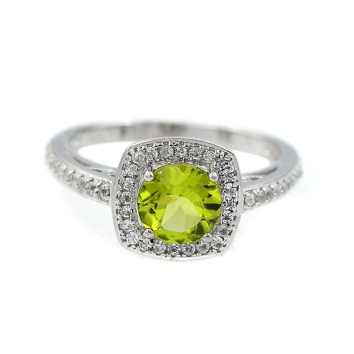 Natural Yellow Peridot 7 MM Round Cut August Birthstone Gemstone 925 Sterling Silver Solitaire Unisex Proposal Ring For Wedding Gift (Rhodium Plated Silver, 6.5)