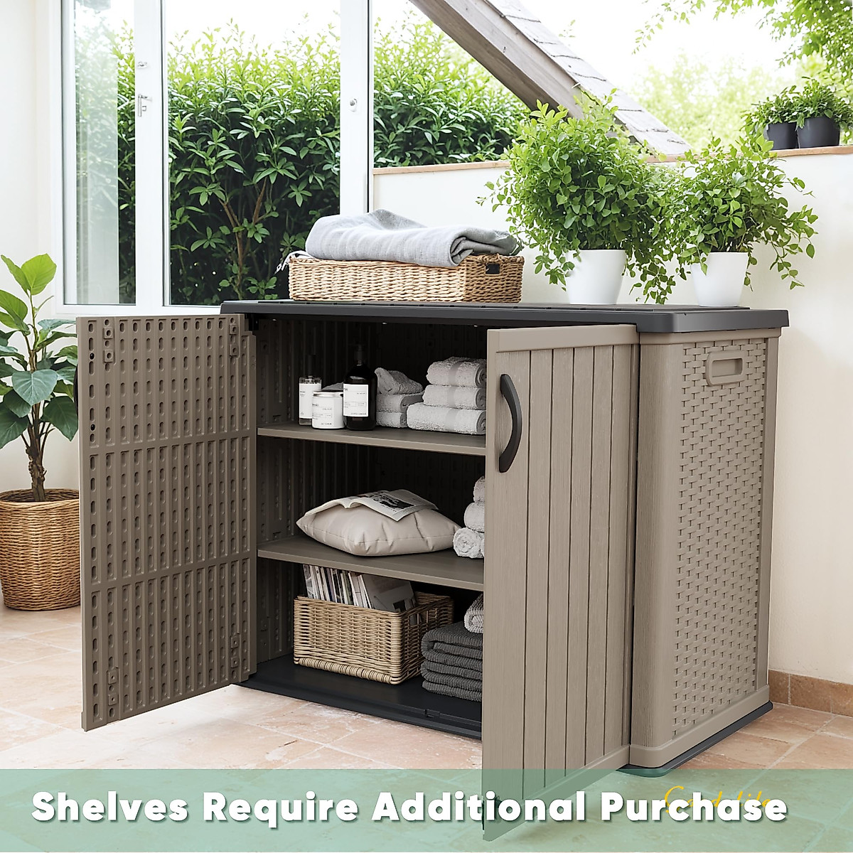 Devoko Shelf of Resin Outdoor Storage Cabinet, 26 Cu Ft Horizontal Outdoor Storage Shed Waterproof Patio Tools Storage Box (2 Shelves) (Beige)