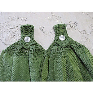 Set of 2 Green Doubled Chevron Design Hanging Kitchen Towels with Green Cotton Crochet Top - Best Quality
