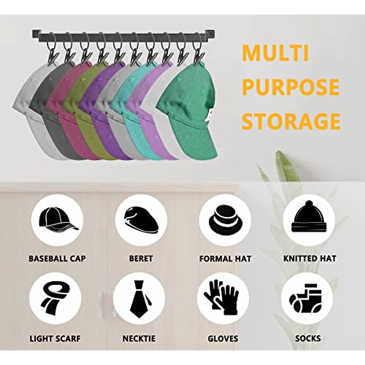 yeavs Hat Rack for Wall Baseball Cap Set of 2, Metal Hat Hanger with Hooks, Wall Mount Cowboy Hat Storage Display Sock Scarf Organizer for Door Closet Entryway Bedroom