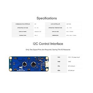 Waveshare 1602 LCD I2C Display Module, White Color with Blue Background 16x2 Characters LCD für Raspberry Pi/Raspberry Pi Pico/Jetson Nano/ESP32/Arduino, 3.3V/5V Compatible