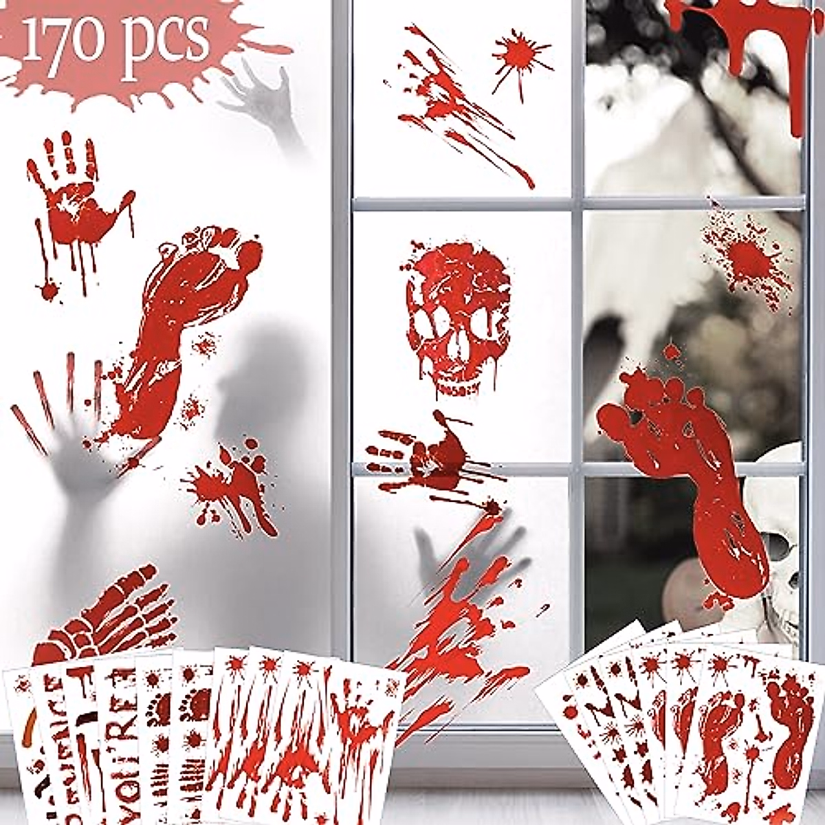 Halloween Decorations 170 PCS Halloween Window Clings, Bloody Handprint Footprint Halloween Wall Decal Floor Clings with Tattoo Stickers, Scary Halloween Decoration Window Stickers