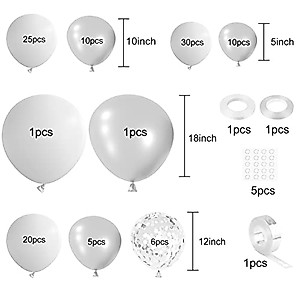 FEPITO 108 Pcs White Silver Balloon Garland Arch Kit 5 10 12 18 Inches Pastel White Silver Confetti Balloons for Birthday Wedding Bridal Showers Baby Shower Party Decorations