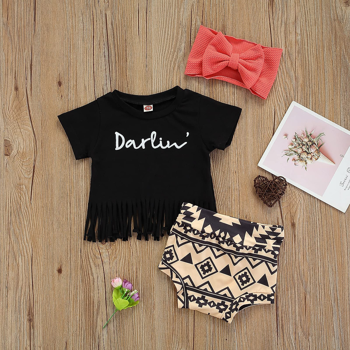 Newborn Baby Girls Clothes Sets 3pcs Letter Short Sleeve Tassel T Shirts Snakeskin Printed Shorts Headband (Black, 0-6 Months)