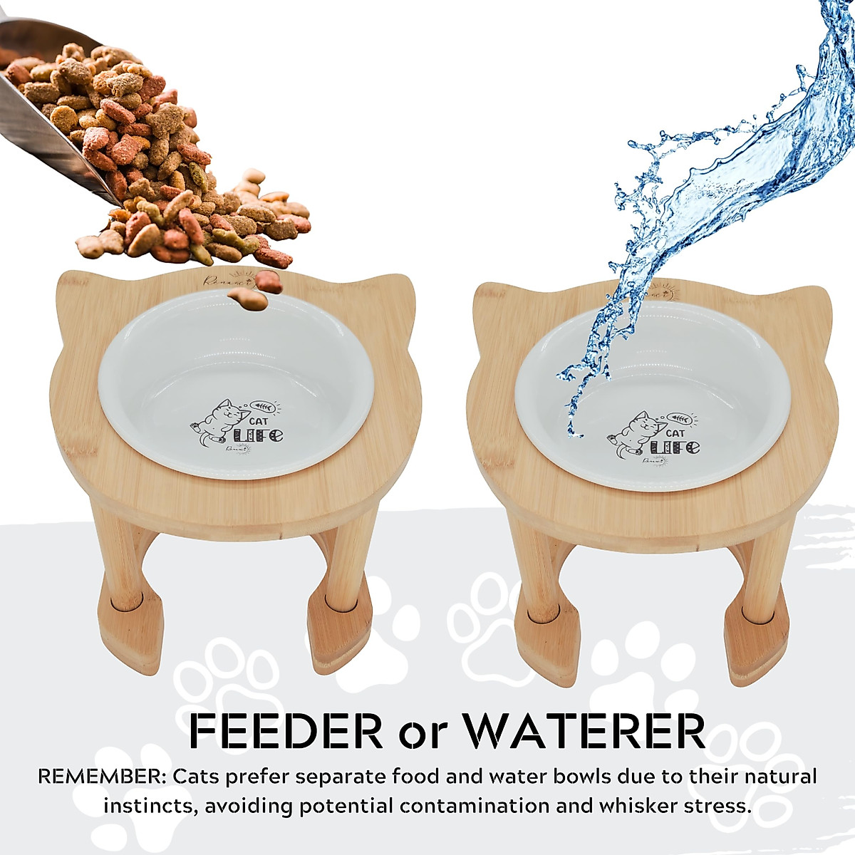 Rênasci® Elevated Ceramic Cat Food Dish Bowl, Adjustable Height, Raised Eco-Bamboo Wood Rack, Sturdy Pet Feeder, Tilted Angle