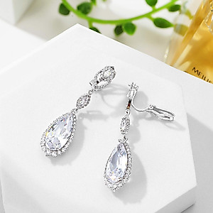 Roslynd Clip-On Earrings for Women/Bride Dangle - Diamond Wedding Clip-Earrings For Women Bridal Bridesmaid Brides, Teardrop Women'S Clip-On Earrings Dangling