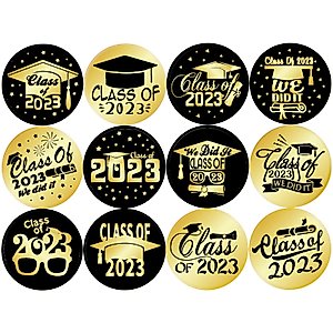 2023 Graduation Stickers, 240 Pieces Class of 2023 Grad Circle Stickers, Graduation Envelope Seals Candy Label Stickers (12 Design) - Black Gold