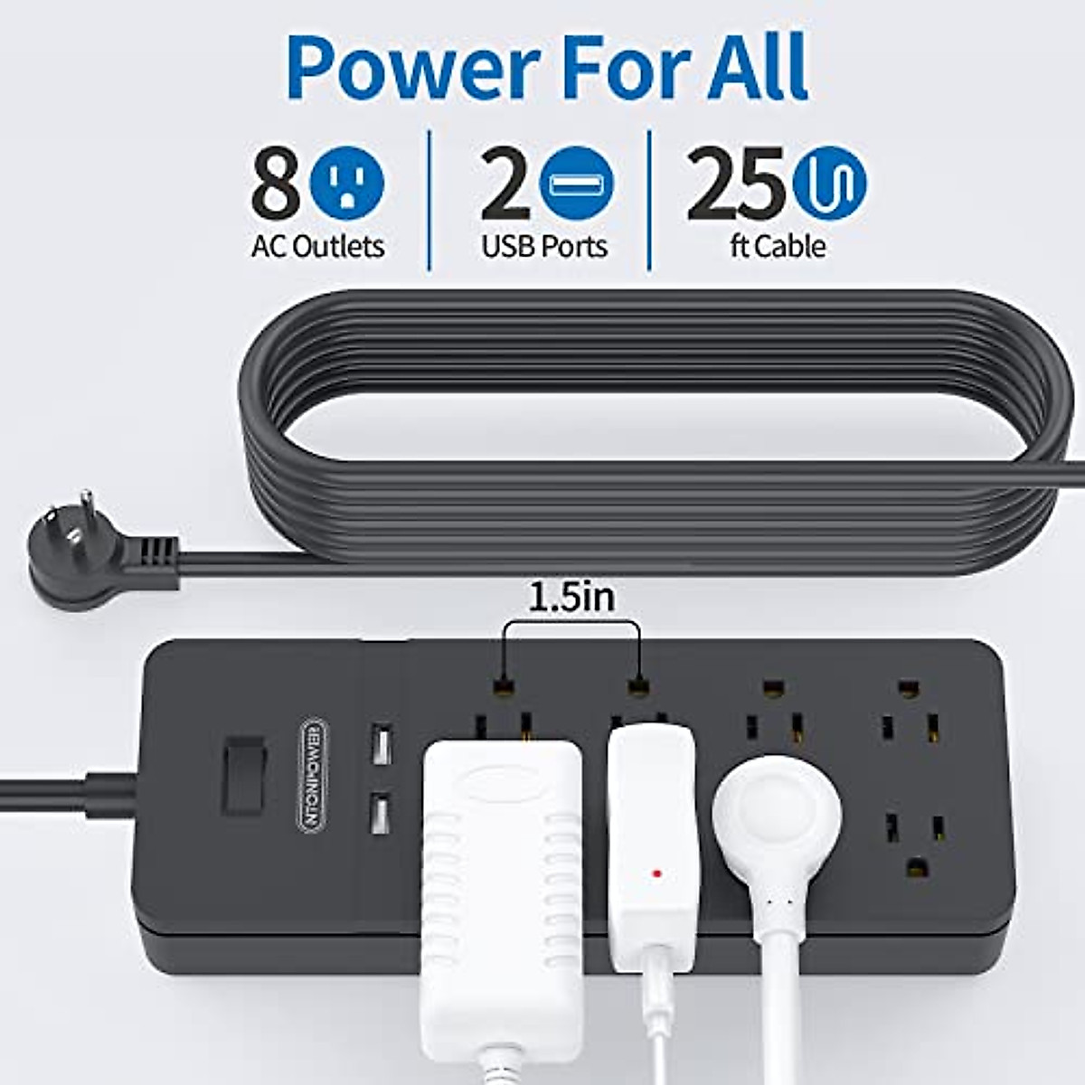 25 ft Extension Cord Flat Plug, NTONPOWER 8 Outlet Surge Protector Power Strip with USB Ports, 15A Circuit Breaker, Wall Mount Surge Protector for Home, Office, Workbench or Garage, ETL Listed, Black