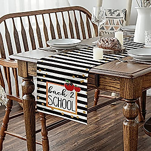 Artoid Mode Black Stripes Apple Back to School Table Runner, First Day of School Student Kids Classroom Dining Table Decoration for Party Decor 13x72 Inch