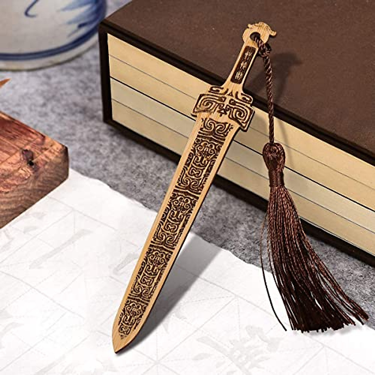 Gdpaddy Handmade Natural Bamboo Bookmark with Beautiful Tassels,Vintage Style Bookmark is A Unique Gift for Teachers, Students, Men and Women - 4Pcs (Sword)