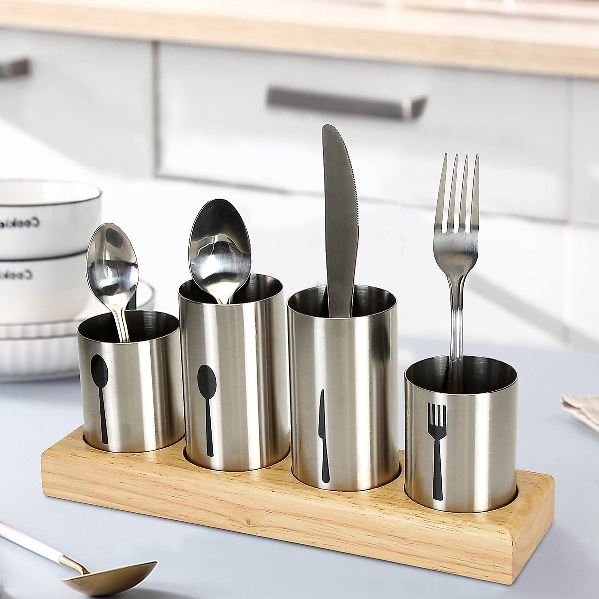 ZOOFOX 4 Pack Silverware Holder, Stainless Steel Utensil Organizer with Bamboo Base for Forks, Knives and Spoons, Perfect for Kitchen Table, Cabinet, Pantry ( Nature )