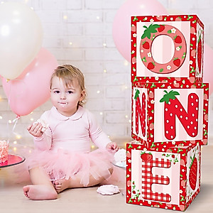 chiazllta 3Pcs Strawberry 1st Birthday Party Decorations Supplies Strawberry Themed One Balloon Boxes Backdrop Blocks Decor Berry First Red One Birthday Party Decoration for Kids Girls Baby Shower