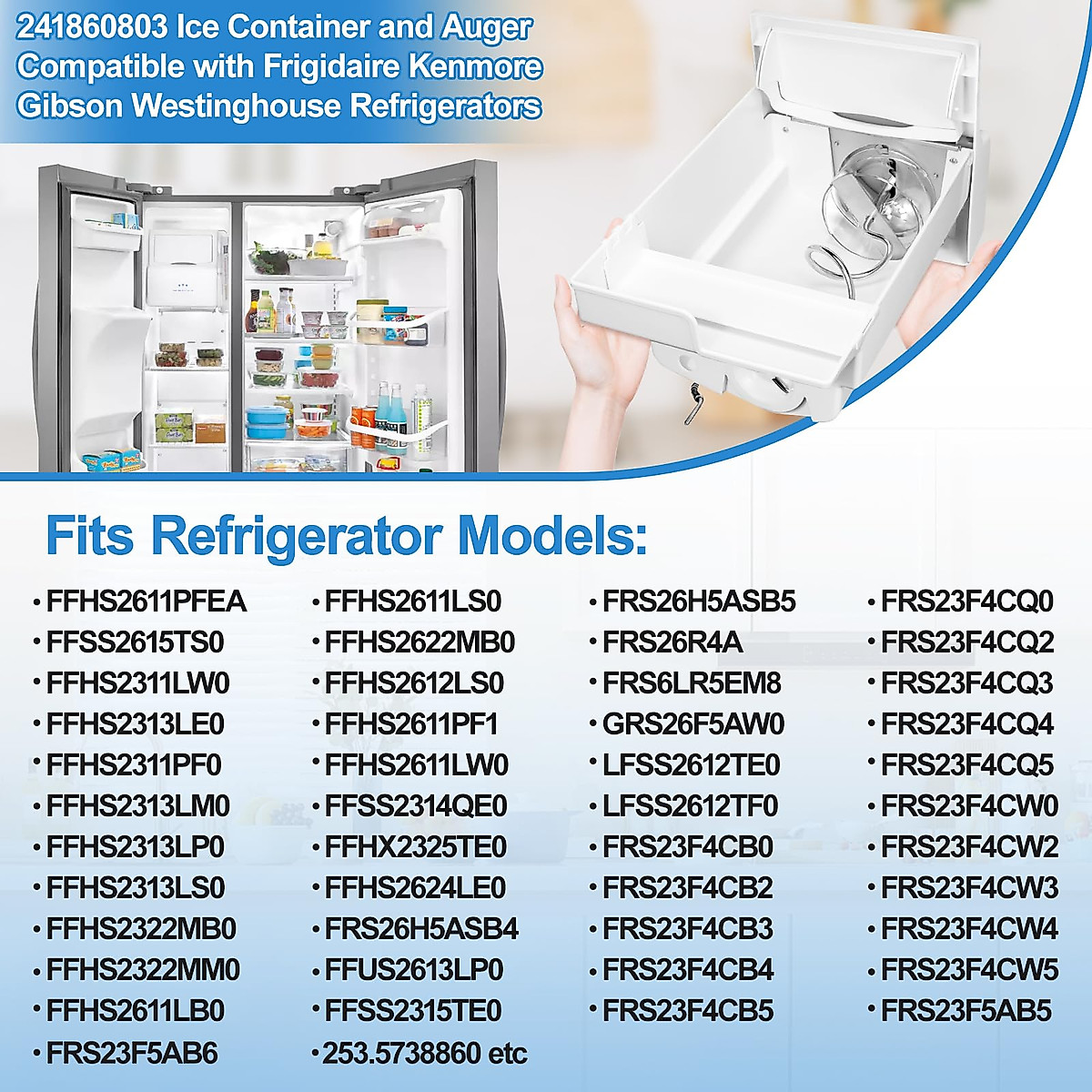Upgraded 241860803 Refrigerator Ice Bucket Compatible with Frigidaire Ice Maker Replacement Ice Bin Container Auger Assembly AP4300918 LFSS2612TF0 FFSS2615TS0 FFHS2611PFEA LFSS2612TE0 Ice Maker Parts