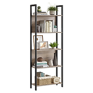 VASAGLE 5-Tier Bookshelf, Book Shelf, Industrial Bookcase, with Steel Frame, for Living Room, Home Office, Bedroom, 9.4 x 24.4 x 65 Inches, Greige and Black ULLS025B02