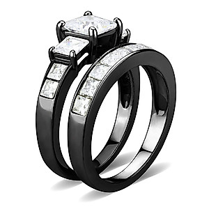 Lanyjewelry 3 Stone Type 6mm Princess CZ Black IP Stainless Steel Wedding Ring Set -Size 7