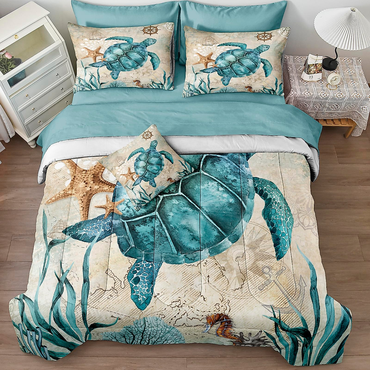 Merryword 8 Pieces Blue Green Comforter Set Queen Size Ocean Life Bed in a Bag Turtle Beach Bedding Set Hawaii Style Summer Lightweight Bedding Comforter Set