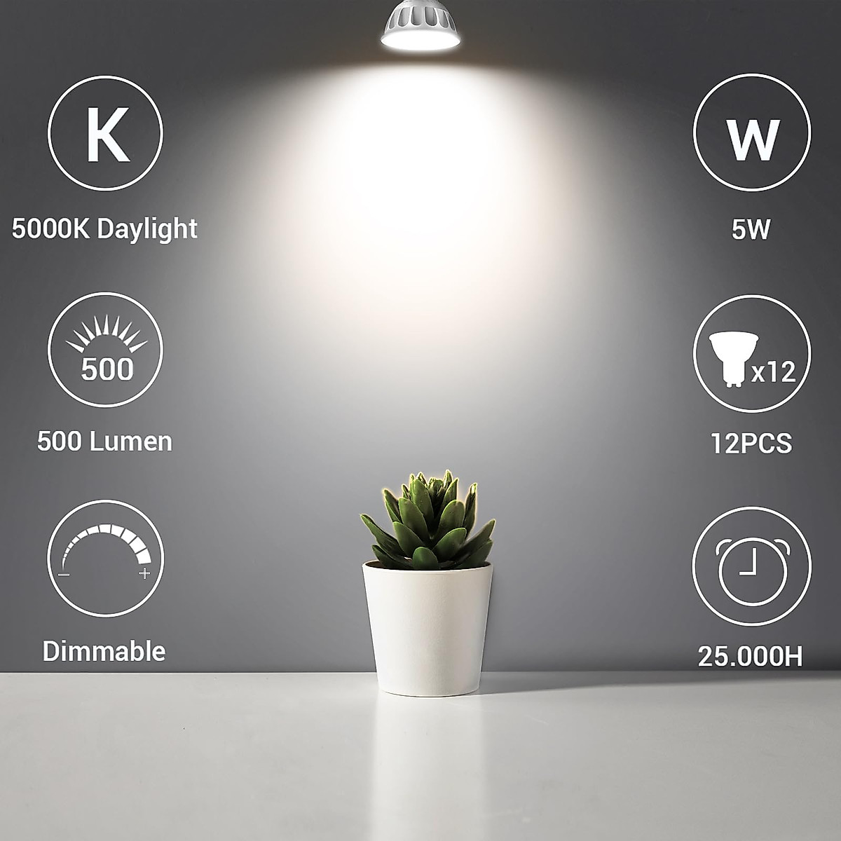 GU10 LED Bulb Dimmable, 50W Halogen Equivalent, 5000K Daylight White Natural Light Bulbs, 500LM White Light Bulbs Replacement for Recessed Track Living Room Bathroom Lighting, 5W 12 Pack